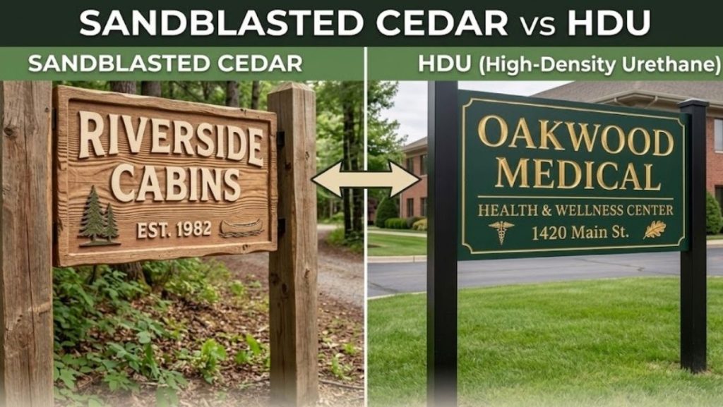 Sandblasted Cedar Signs vs HDU Signs: Differences Explained